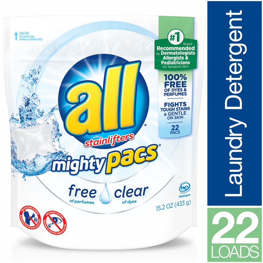 All Mighty Pacs 4x Concentrated Laundry Detergent Free & Clear 22 Pack ...